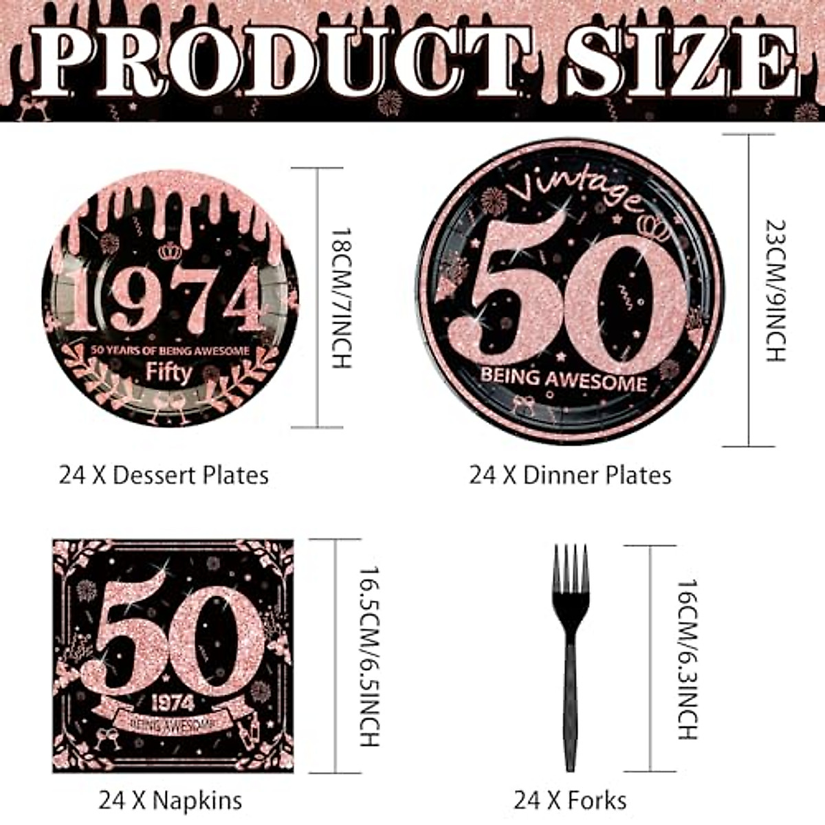 96 Pcs 50th Birthday Party Supplies Party Paper Plates Napkins,Rose Gold Women Party Decorations Favors, 50th Birthday Tableware Set for 24 Guests Women Birthday Supplies