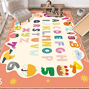 LTKOUGFAM ABC Kids Play Rug, Large Soft Educational Learning Space Mat, Non-Slip Cute Baby Floor Toddler Numbers Mat Area Rug for Kids Living Room Playroom Classroom Decor (Orange, 59" x 78" L)