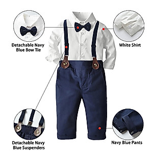 SANGTREE Baby Boys Dress Clothes, Toddlers Boys Long Sleeves Button Down Dress Shirt with Bowtie + Suspender Pants Set Gentlemen Outfit, 1# White, 18-24 Months