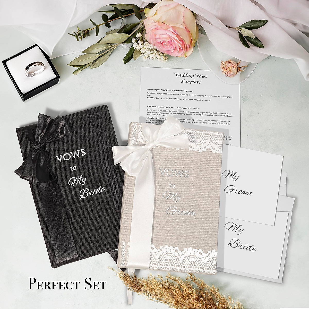 Elegant His and Hers Vow Books Set - Vows Book His and Hers w/ Keepsake Box, Ring Bags, Bride & Groom Cards, Writing Template - Linen Covered Vow Books for Wedding - Heartfelt Wedding Vow Keepsake