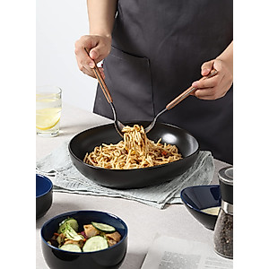 Teocera Pasta Bowls, Salad Bowls Set, Large Serving Bowls, 50 Ounce Porcelain Matte Black Bowls Set of 4 - Square Design, Microwave Dishwasher Safe