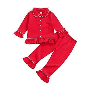 MAINESAKA Baby Boy Girl Pajamas Christmas Red Plaid Print Long Sleeve Lapel Collar Button Down Top Shirt Pants Nightwear (Red Ruffle, 4-5 Years)