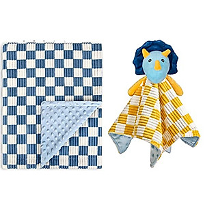 BEILIMU Baby Blanket+Dinosaur Security Blanket for Boys Girls 3D Checkerboard Grid Ultra- Soft Cozy Corduroy Toddler Blanket for Kids