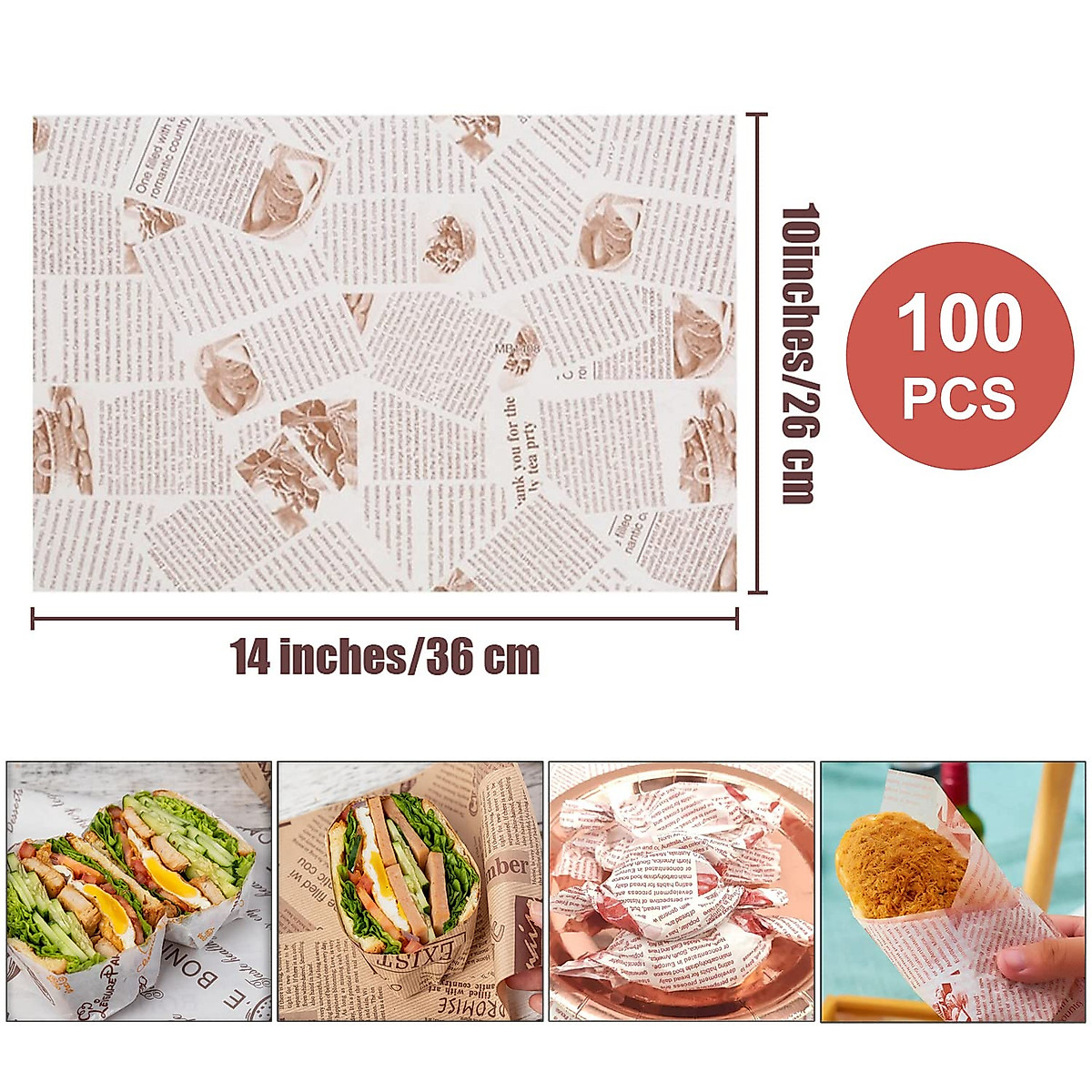 La Llareta Greaseproof Paper, 100 Sheets Baking Wrapping Paper, Food Basket Liners Paper, Deli Paper for Cakes, Breads, French Fries, Sandwiches, Pizza, Burgers, Hot Dogs(14 * 10 inch)