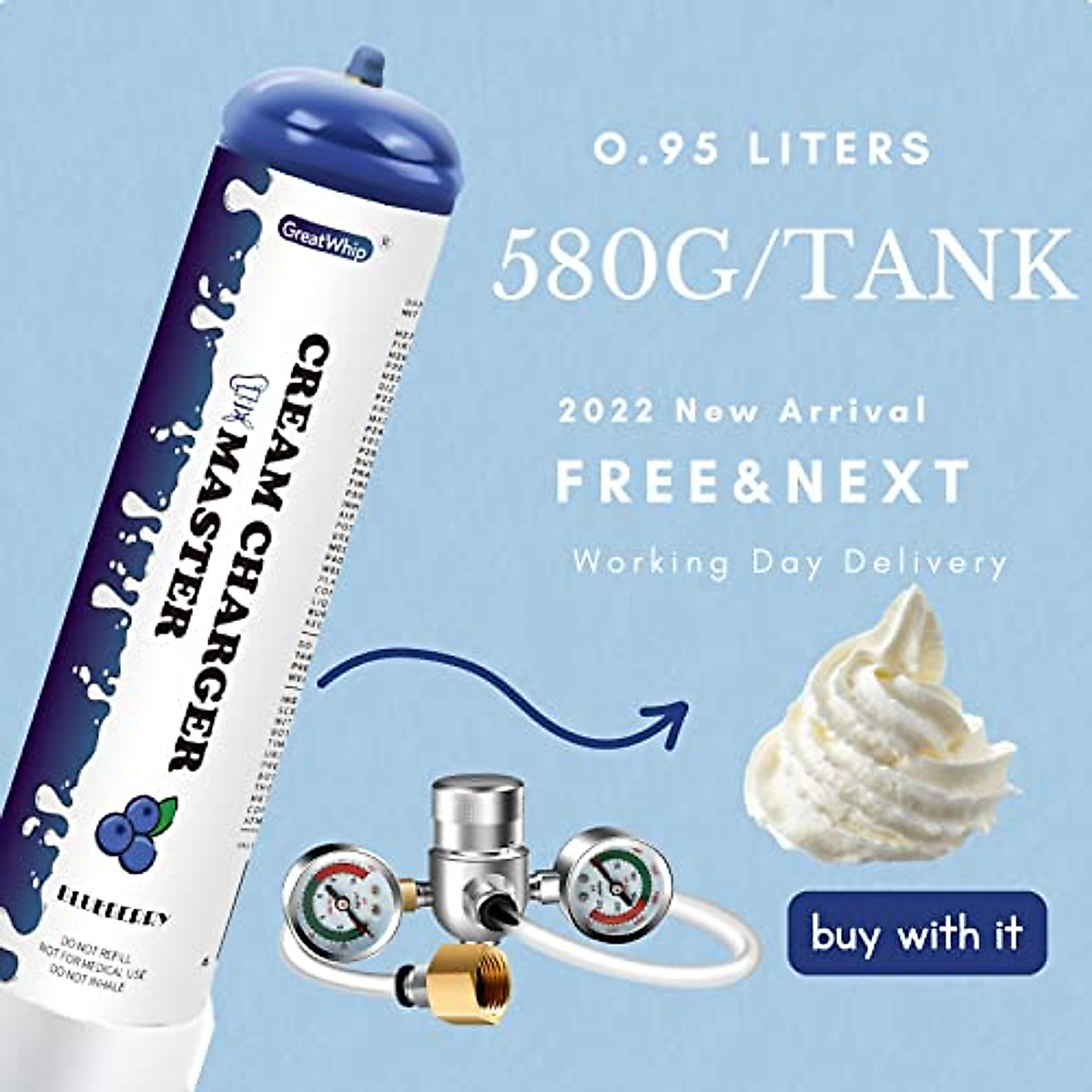 GreatWhip Whipped Cream Charger 580g Blueberry Whipped Cream Chargers 0.95 Liter Nitrous Tank (3 Cylinders)