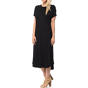 iconic luxe Women's Casual Loose-Fit Midi T-Shirt Dress – Short Sleeve, Soft Stretchy Fabric, Lightweight Large Black