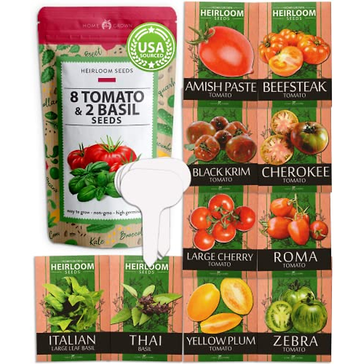 Heirloom Tomato Seeds for Planting (10pk) w/Basil Seeds | 100% Non-GMO Tomatoes: Cherry, Roma, Beefsteak, Zebra, Yellow Plum, Amish Paste, Cherokee, Krim, Italian Basil, Thai Basil Seed
