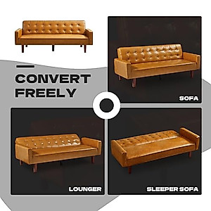 Homies Life Faux Leather Futon Couch, Mid Century Modern Futon Sofa with Memory Foam, Convertible Futon Sofa Bed for Small Spaces, Living Room, Office, Brown