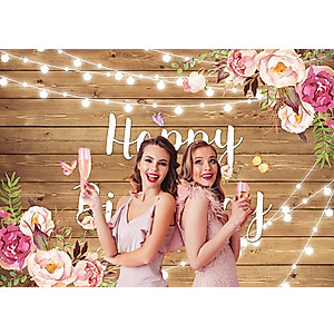 Rustic Wood Floral Birthday Backdrop Spring Flower Wood Glitter Happy Birthday Photography Background for Women Photo Booth Props Kids Adult Birthday Wedding Party Cake Table Decoration