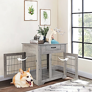 IDEALHOUSE 32 Inch Furniture Style Dog Crates – Chew-Proof Indoor Casual Home Wooden Pet Crate, Indoor Pet Crate Side Table, Wood Look Dog Kennel End Table with Drawer, Grey
