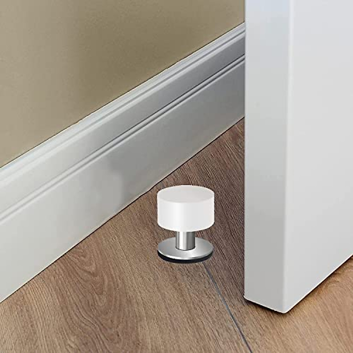 Door Stoppers with Extra Stickers, Self-Adhesive Door Stop with White Rubber & Stainless Steel Body - Heavy Duty Sound Dampening Door Bumpers for Home & Office, Door stoppers for Bottom of Door