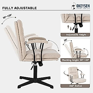Okeysen Modern Office Desk Chair, Vanity Chair with Removable Padded Armrests for Home, Ergonomic Swivel Chair with No Wheels, Linen Padded Comfy Chair with Premium Thick Cushion