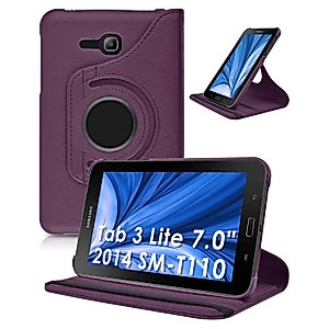 DETUOSI Rotating Case for Samsung Galaxy Tab 3 Lite 7.0" 2014 (SM-T110/ T113), 360° Swivel Multi-Angle Stand Folio Lightweight Leather Book Cover + Protective Hard Back Shell + Elastic Strap Closure