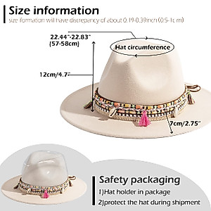 Gossifan Women's Felt Fedora Hat Wide Brim Panama Hats with Tassel-Beige