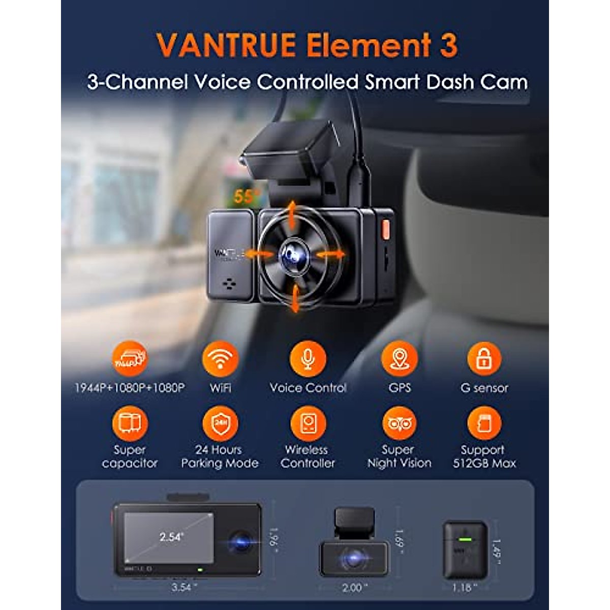 Bundle: Vantrue E3 3 Channel WiFi Dash Cam with GPS Speed, Wireless Remote Controller +256GB microSD Card