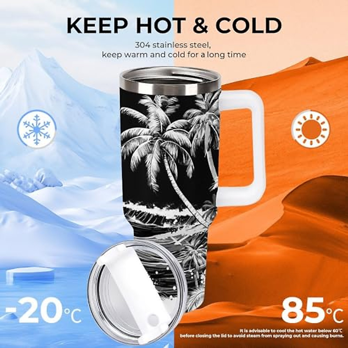 Palm Tree Black 40OZ Tumbler Stainless Steel Travel Mug Water Bottle Car Cup Tea Cups with Lid White-style