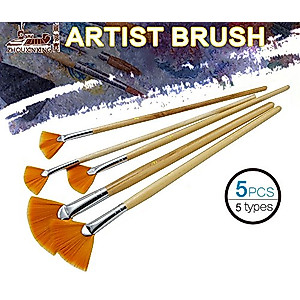 JOWOART 5Pcs/Set,Fan-Shaped Nylon Hair Short Wood Rod Brush Painting Drawing Supplies