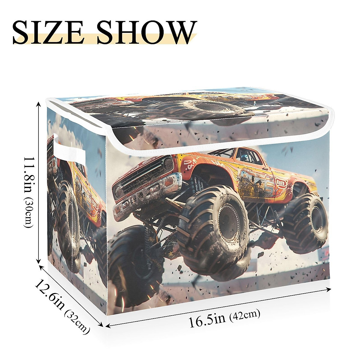 YMGQYJ Storage Cube with Lid Collapsible Monster Truck Jumping Print, Large Capacity Foldable Storage Basket Bin Organizer 16.5×12.6×11.8 IN