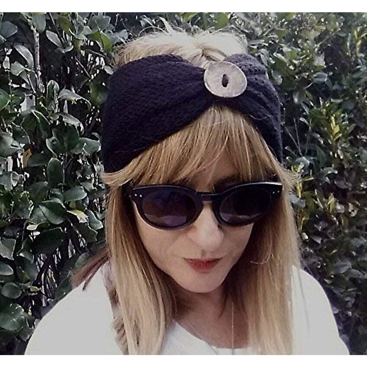 Handmade Black Knitted Wool Headband Ear Muffs with Coconut Button