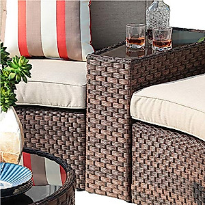 SUNSITT Rattan PE Resin Wicker Patio Side Table 2-Pack Sofa Wedge End Table with Tempered Glass Top, Brown