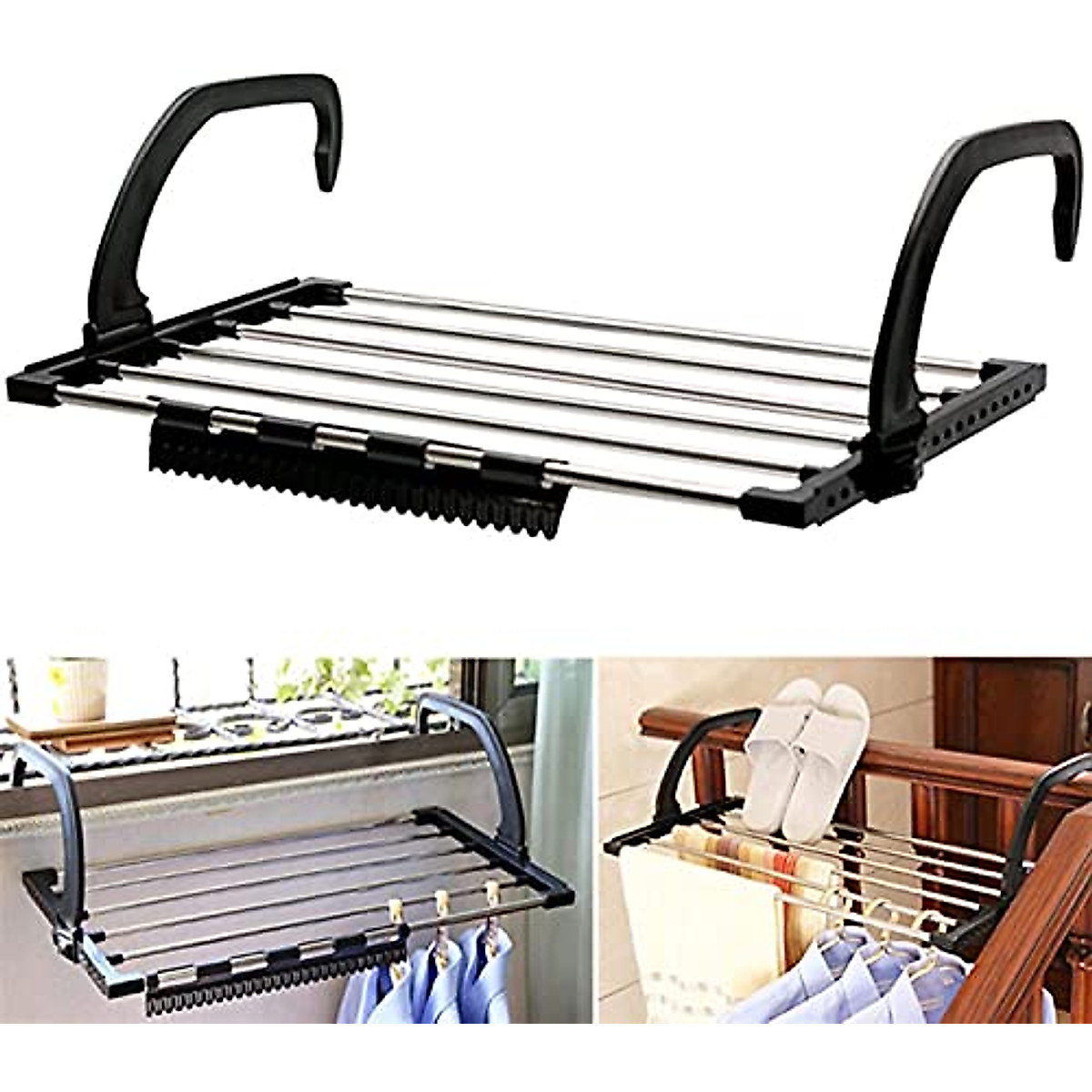 ZyHMW Clothes Airer Balcony Drying Rack Stainless Steel Folding Hanging Window Shoes Rack Adjustable Portable Outdoor Airer Clothes Towel Storage，Folding Airer (Color : S Square Tube Gray)