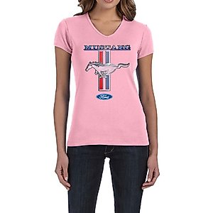 Ladies Ford Mustang Stripe V-Neck Shirt, Pink, 2XL