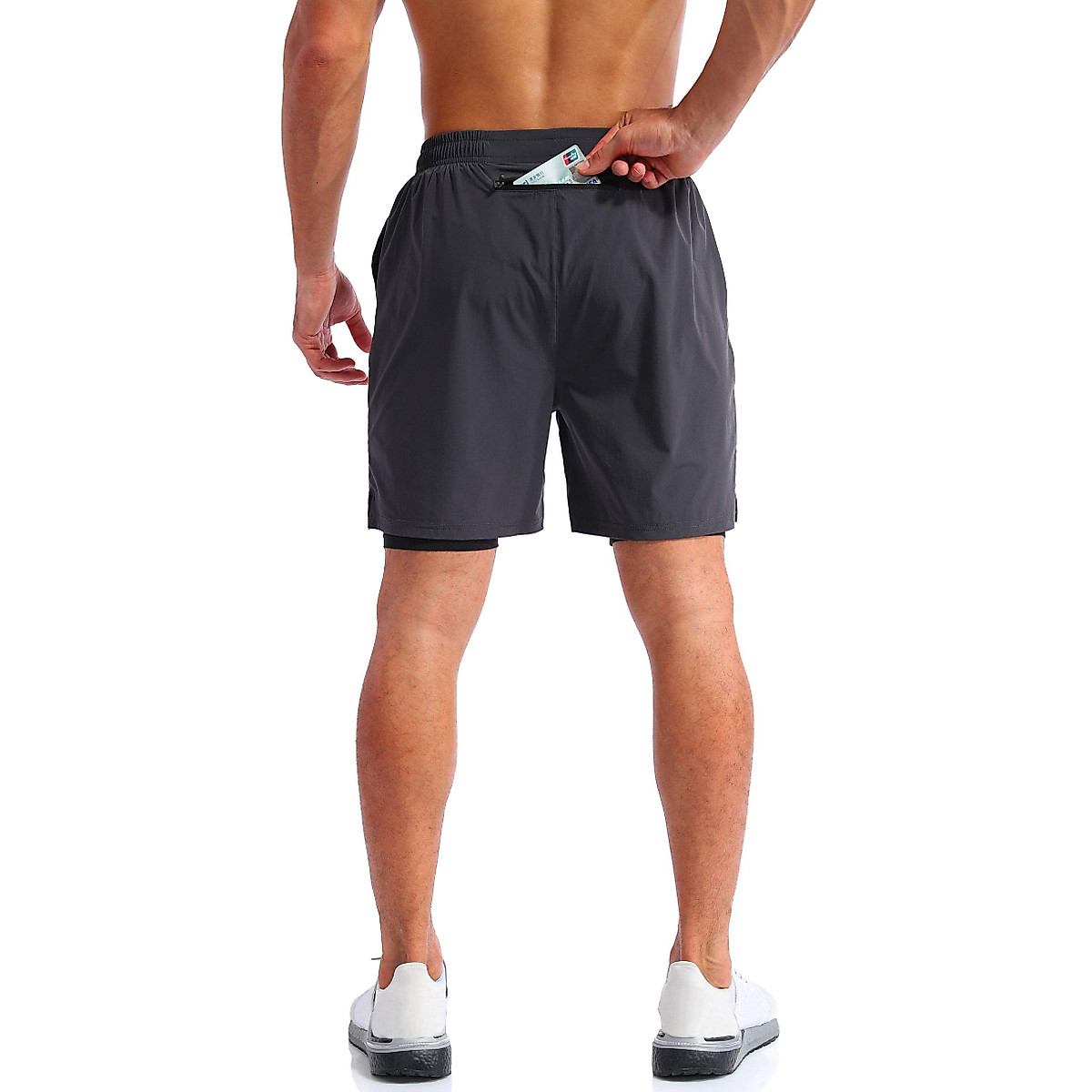 Pudolla Men’s 2 in 1 Running Shorts 7" Quick Dry Gym Athletic Workout Shorts for Men with Phone Pockets(Dark Grey Large)
