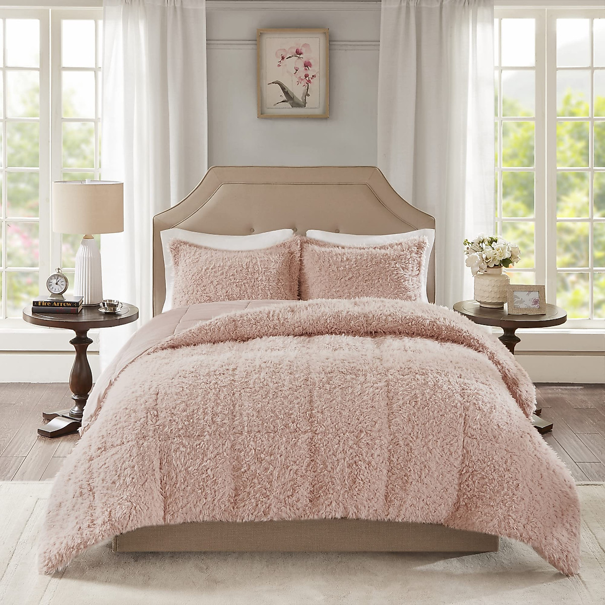 Madison Park Nova Luxury Soft Mohair Reverse Faux Mink Comforter Set, Full/Queen 90"x90", Blush Pink