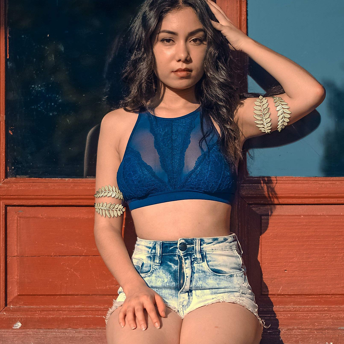 RechicGu Gold 2 Pieces Wedding Arm Bracelet Christmas Tree Leaf Cuff Bangle Band Upper Open Armlet Armband Adjustable Set Jewelry Minimalist Festival Dancer