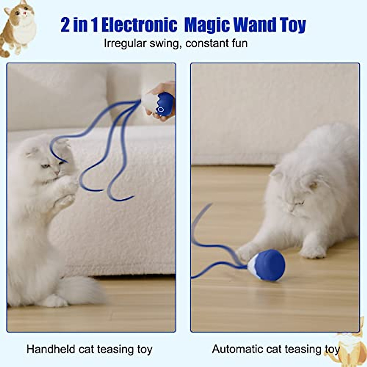 Petcronies Cat Wand Toy, Automatic Silicone Tail Teaser Toy 2 in 1, Electronic Interactive Toy for Indoor Cats, Rechargeable Exercise Toy for Kitten-Navyblue