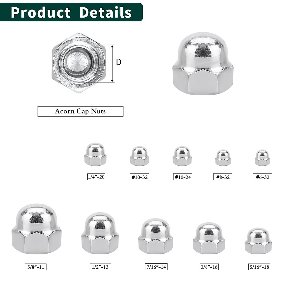 1/4-20 Stainless Steel Acorn Cap Hex Lock Nuts, Bright Finish, 304 Stainless Steel 18-8, 30 PCS
