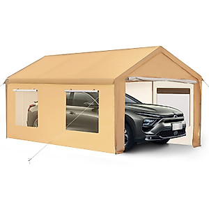 Carport Canopy 10x20 Heavy Duty Car Canopy with Removable Sidewalls Portable Carport Garage Tent Boat Shelter Market Stall, with 4 Windows Yellow