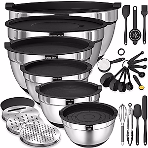 Umite Chef Mixing Bowls with Airtight Lids, 26Pcs Stainless Steel Bowls Set, 3 Grater Attachments & Black Non-Slip Bottoms Size 7, 4, 2.5, 2.0,1.5, 1QT, Great for Mixing & Serving