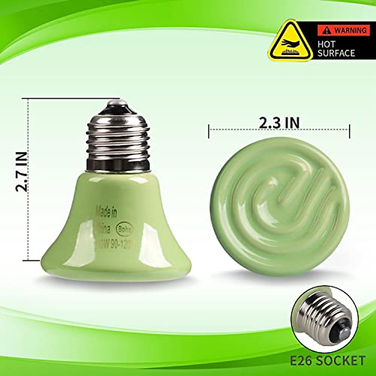 100W Mini Reptile Heat Lamp Bulb 4 Pack, Pet Infrared Ceramic Heat Emitter for Amphibian, Brooder Coop, Aquarium, Lizard, Lambs, Snake, No Light, Green