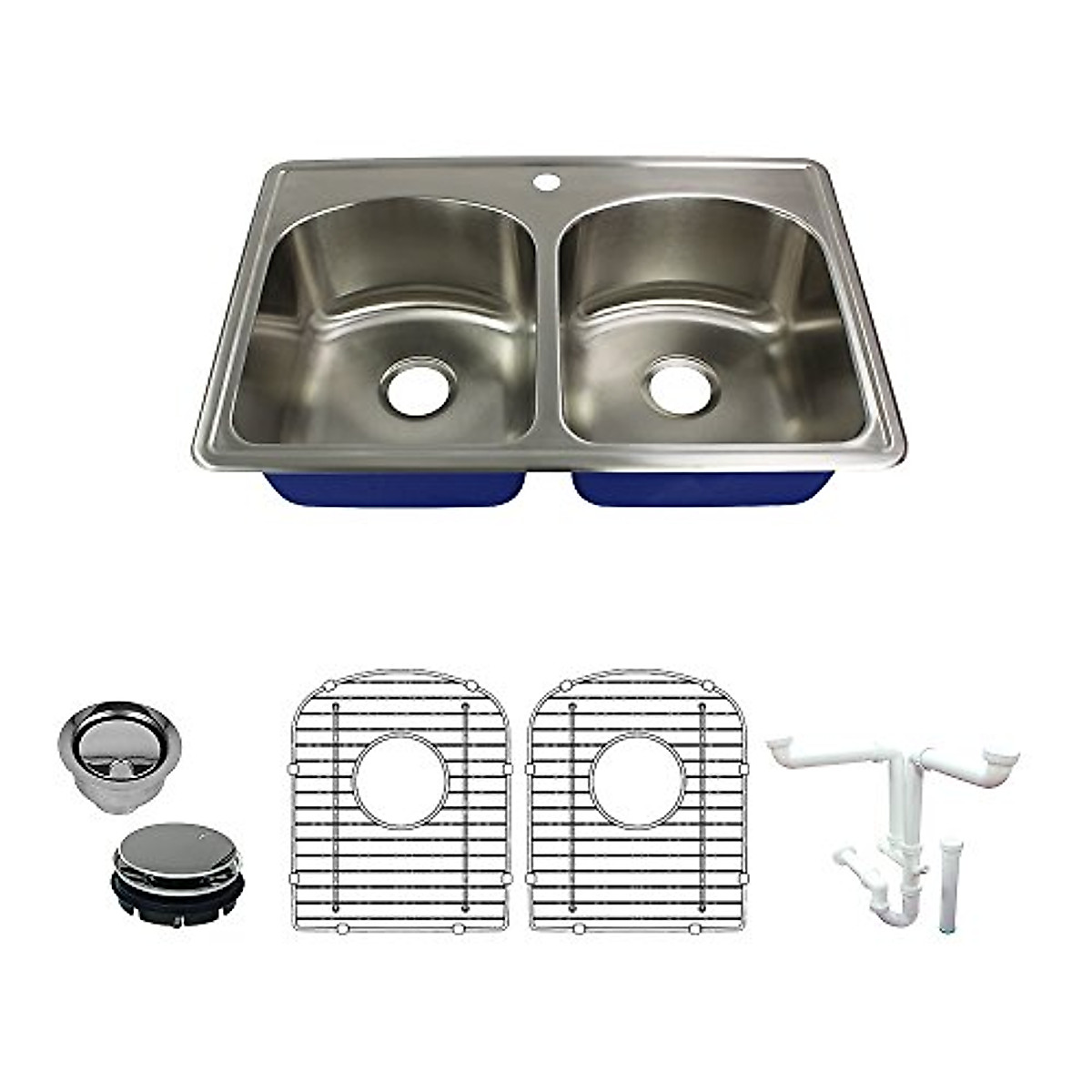 Transolid K-MTDD33229-1 Meridian 1-Hole Drop-in 50/50 Double Bowl 16-Gauge Stainless Steel Kitchen Sink Kit, 33-in x 22-in x 9-in, Brushed Finish