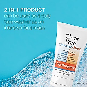 Neutrogena Clear Pore 2 in 1 Facial Cleanser/Face Mask with Kaolin & Bentonite Clay & 3.5% Benzoyl Peroxide Acne Treatment Medication, Daily Face Wash & Shine Control Clay Mask, 4.2 fl. Oz (Pack of 6)