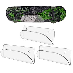 Bijun Skateboard Wall Mount, Longboard Invisible Clear Hanger Shelf, Display Rack, for Fits Skateboard, Longboard, Skis, Snowboards, Water Skis and Electric Skateboard (3 Pack)