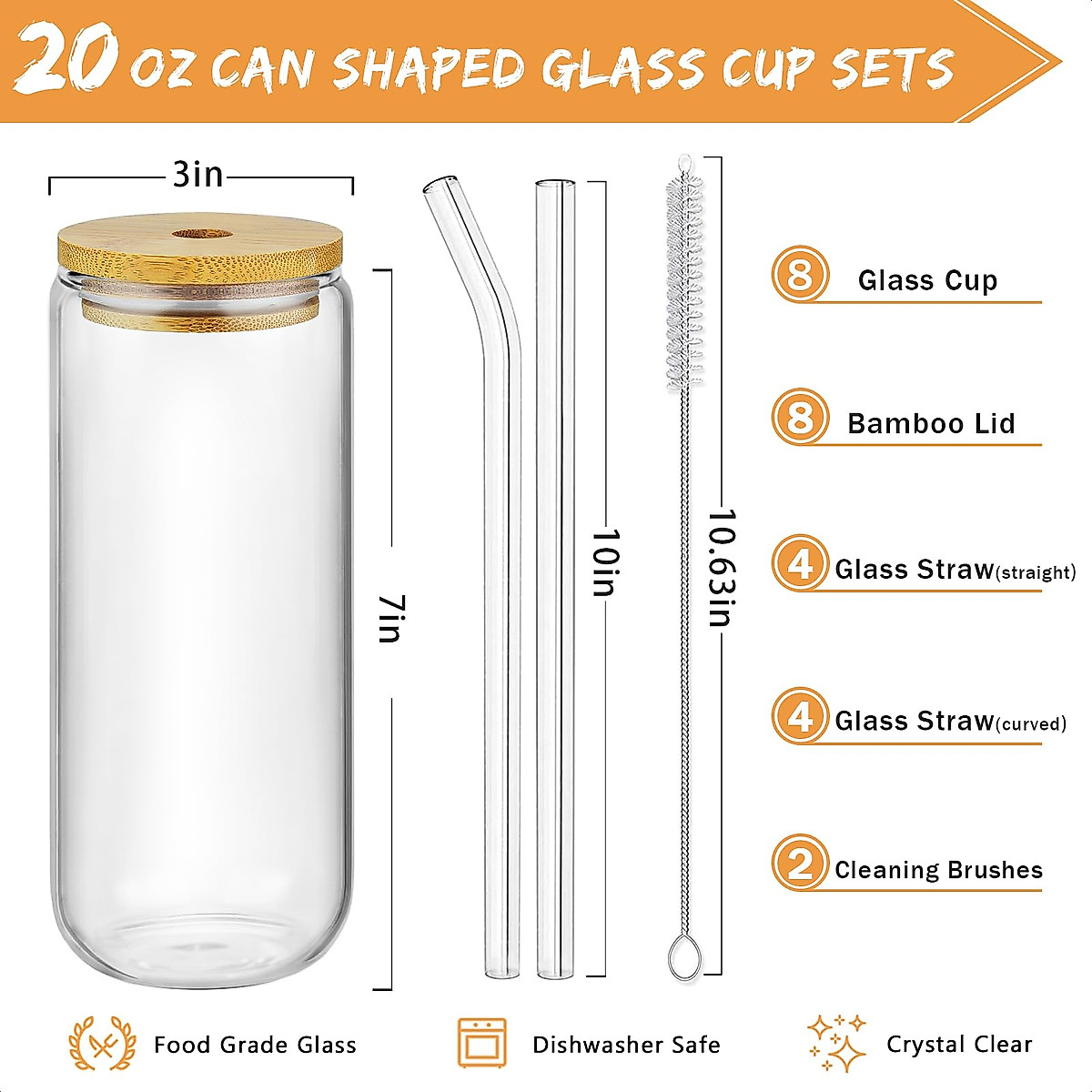 SENTVEND 20 Oz Drinking Glasses with Bamboo Lids and Glass Straw - 8 Pcs Can Shaped Glass Cups Beer & Ice Coffee Glasses Cute Tumbler Cup Great for Soda Boba Tea Cocktail Include 2 Cleaning Brushes