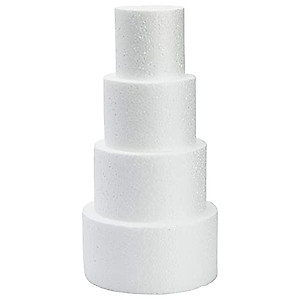 4 Piece Round Foam Cake Dummy Set for Decorating, 12" Tall Fake Cake in 4 Sizes for Birthday, Wedding Display (3, 4, 5, and 6 In)
