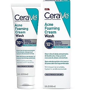 CeraVe Acne Foaming Cream Wash, Gentle Face and Body Cleanser with Benzoyl Peroxide 10%, Hyaluronic Acid, and Niacinamide, 10% Benzoyl Peroxide Treatment Clears Pimples and Blackheads 5 Oz