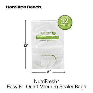 Hamilton Beach Easy-Fill 32 Count One Quart Vacuum Sealer Storage Bags for Food, BPA Free, 12” x 8”, Meal Prep and Sous Vide