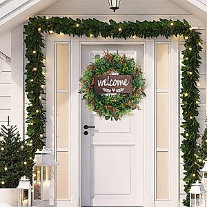 18in Artificial Green Wreath for Front Door with Welcome Sign Red Flower Fall Christmas Wreath Gypsophila Green Leaves Wreath for Window Home Porch Farmhouse Patio Garden Party Decor