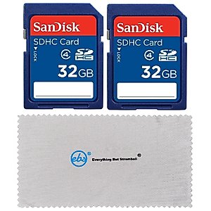2 Pack SanDisk 32 GB Class 4 SDHC Flash Memory Card Retail works with Moultrie M-990i, A-7i , M-888 Mini, PANORAMIC 150 Game Trail Cameras - With Everything But Stromboli Microfiber Cloth