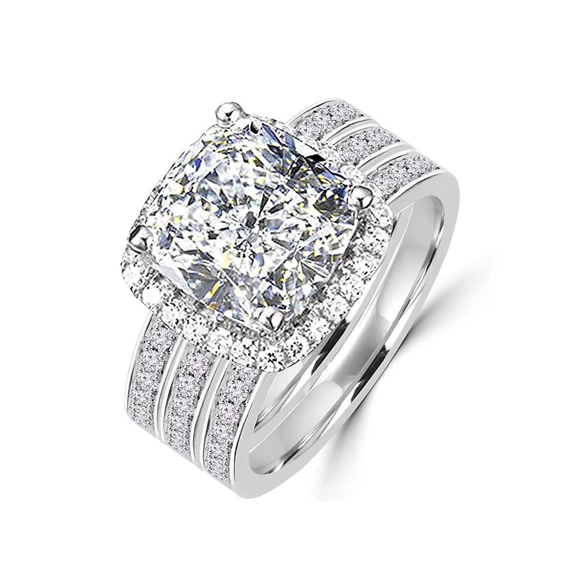 Diamonbella 101 Facets 2 Carat Princess Cushion Cut NSCD Simulated Diamond Ring Double Band Set 925 Silver Platinum Plated Halo (7)