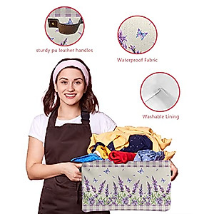 Storage Bins, Lavender with Purple Check Rustic Storage Baskets for Organizing Closet Shelves Clothes Decorative Fabric Baskets Large Storage Cubes with Handles