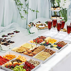 4 Pack, 16" x 11", 3-Section Large White Serving Trays Set - Reusable Plastic Serving Platters for Party Food, Cookie, Appetizer, Charcuterie, Snack, Dessert Display, Stackable Kitchen Dish, BPA Free