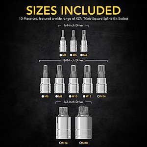 LEXIVON XZN Triple Square Spline Bit Socket Set, Premium S2 Alloy Steel | 10-Piece European Style M4 - M18 Set | Enhanced Storage Case (LX-145)