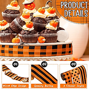 Wiaxin 3 Rolls Orange and Black Wired Ribbon Thanksgiving Buffalo Plaid Ribbon Fall Gingham Ribbon Dot Pattern Striped Ribbons for Halloween Christmas DIY Crafts Party Decor, 2.5 Inch x 15 Yards
