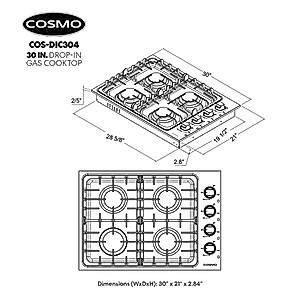 COSMO COS-DIC304 30 in. Gas Cooktop in Stainless Steel with 4 Italian Made Burners