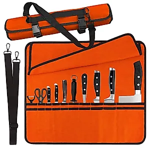 QIQU Orange Chef Knife Bag With 20 Slots Cutlery Knives Holders Protectors, Home Kitchen Travel Cooking Tools, Portable Canvas Knife Roll Storage Bag Chef Case for Camping or Working